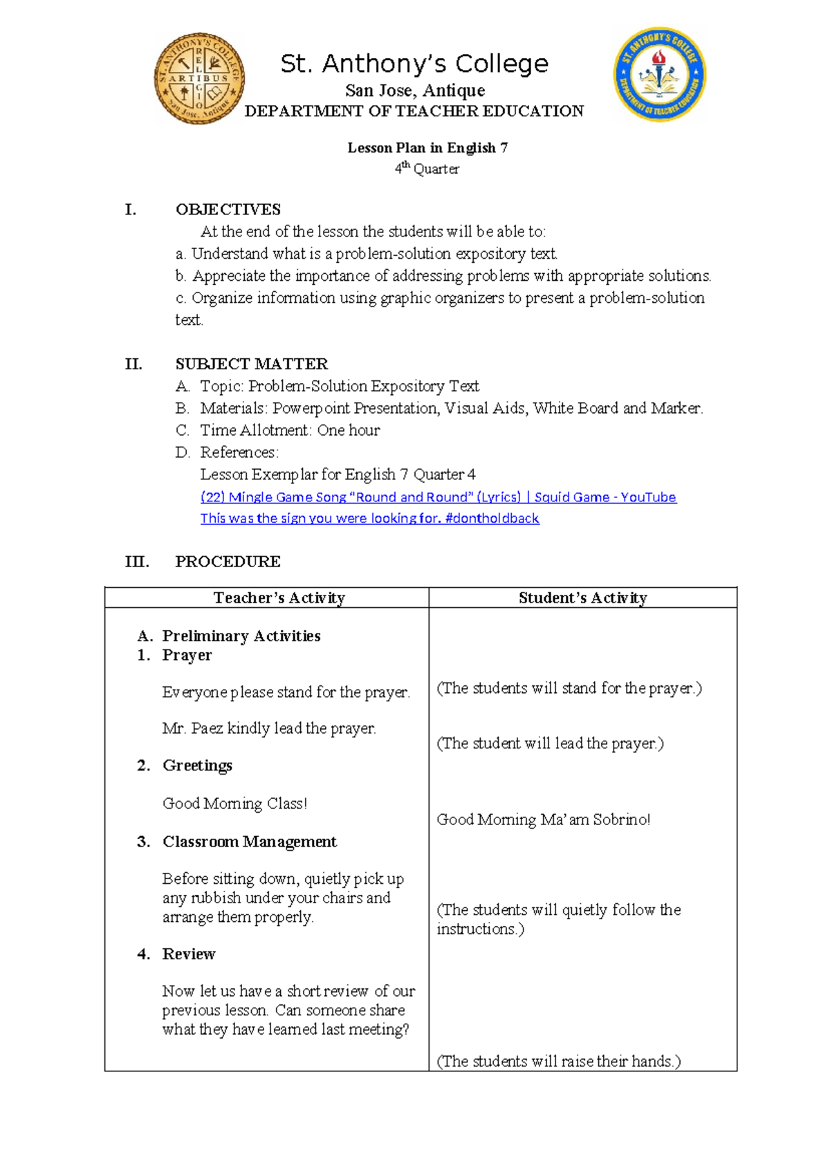 Lesson Plan: Problem-Solution Expository Text for English 7 - Studocu