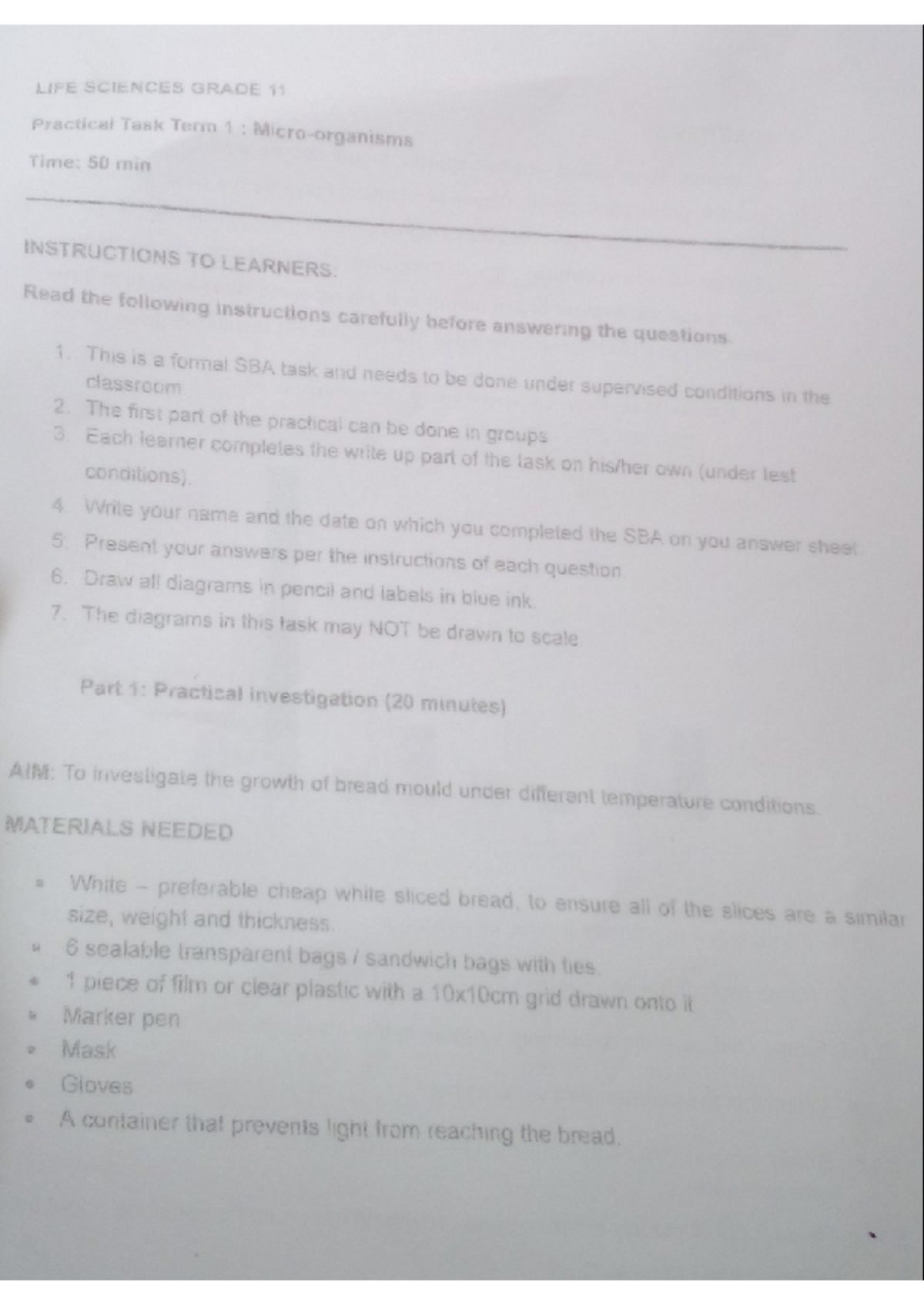 LIFE SCIENCES GRADE 11 Practical Task Term 1: Investigation on Rhizopus ...