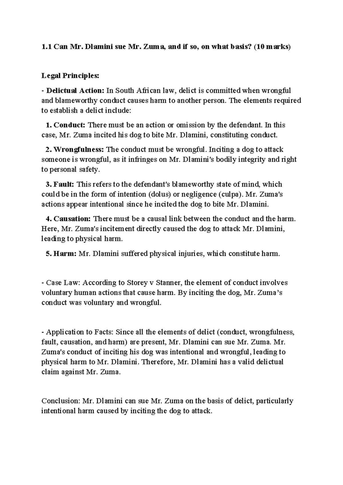 Legal Memo: Delictual Claim Analysis for Mr. Dlamini vs. Mr. Zuma - Studocu