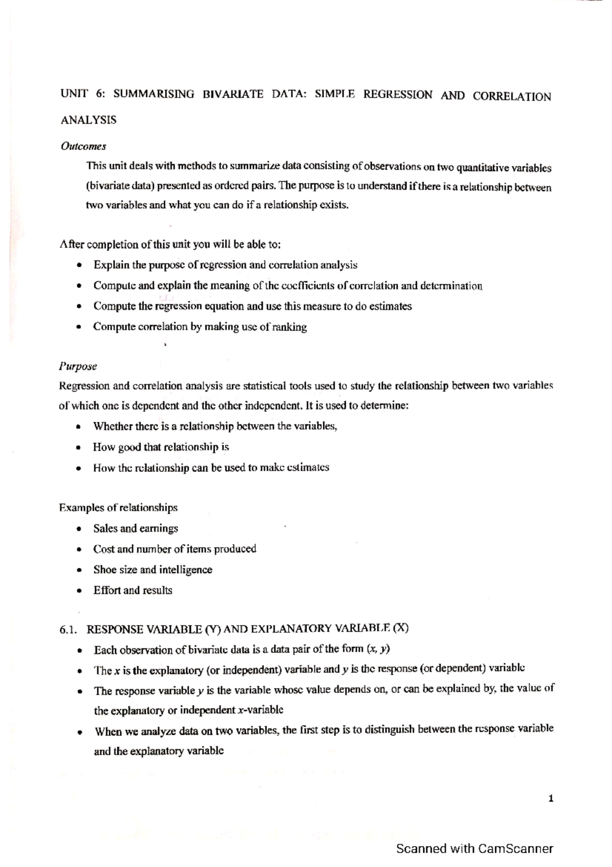 Statistics Lecture Notes: Unit 6 on Bivariate Data & Regression ...