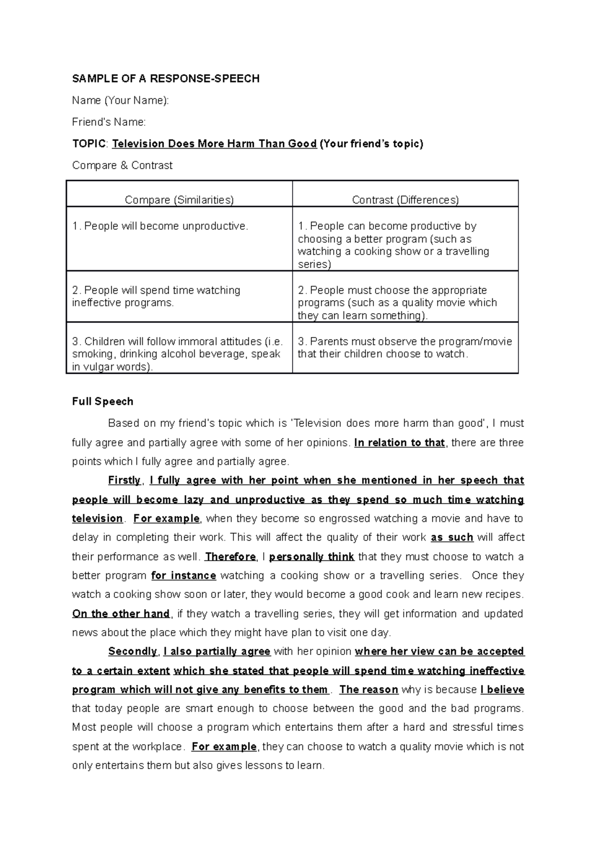 Sample OF A Response- Speech - SAMPLE OF A RESPONSE-SPEECH Name (Your ...