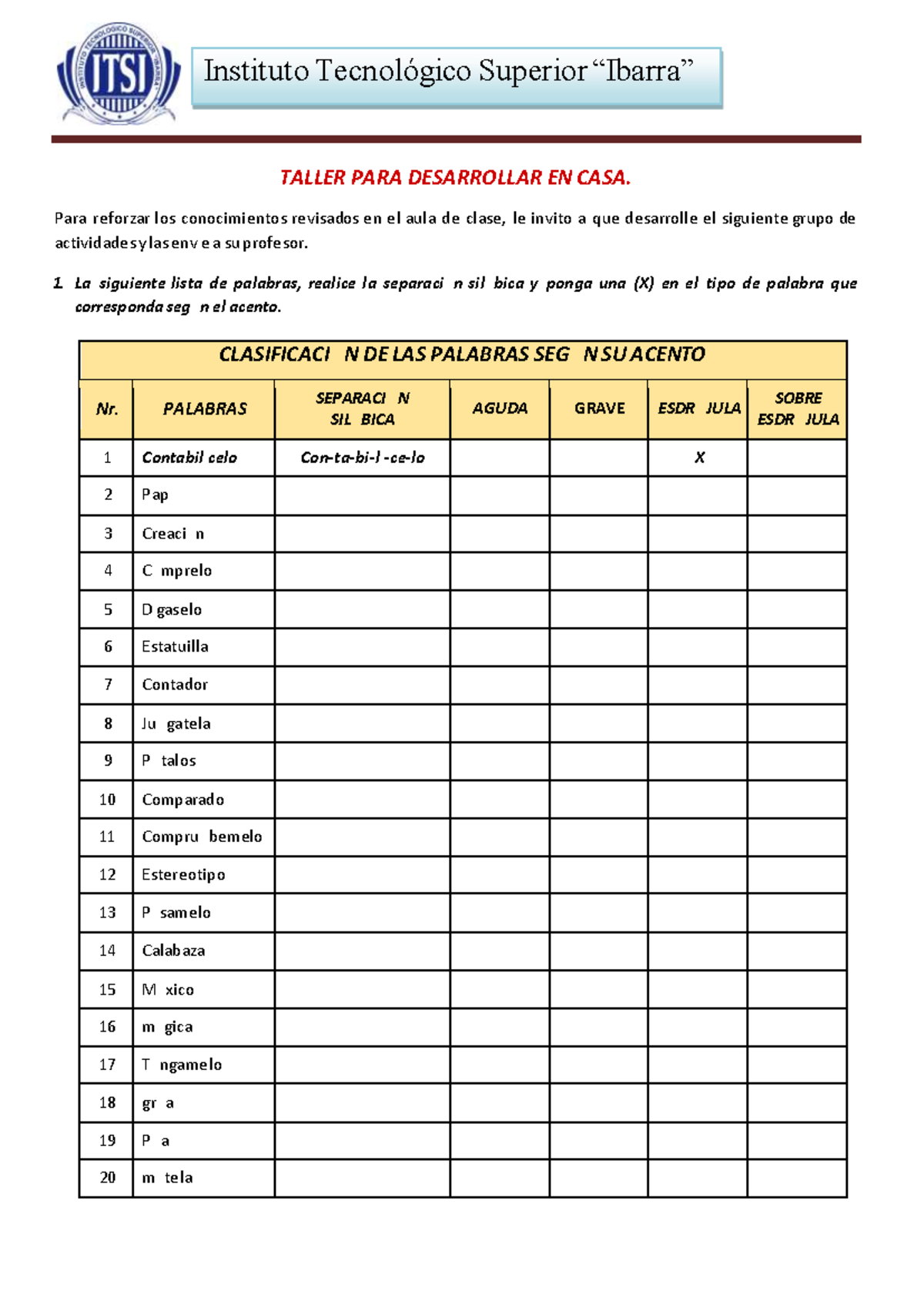 Ejercicios de Clasificación de Palabras según Acento - Instituto ...