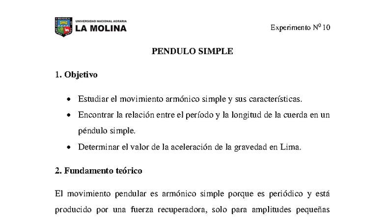 Experimento N0 10: Péndulo Simple y Movimiento Armónico Simple - Studocu