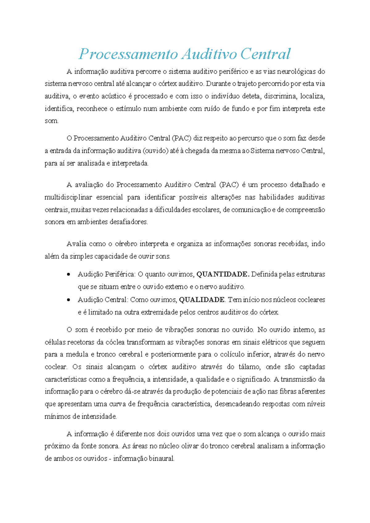 Processamento Auditivo Central: Avaliação e Importância na Audição ...