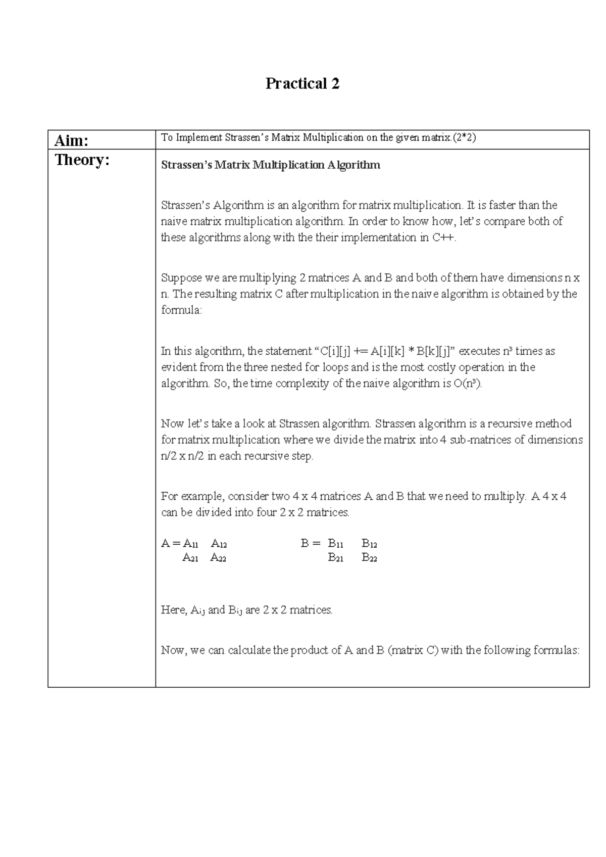 DAA-Practical 2 - Strassen's Algorithm for Matrix Multiplication - Studocu