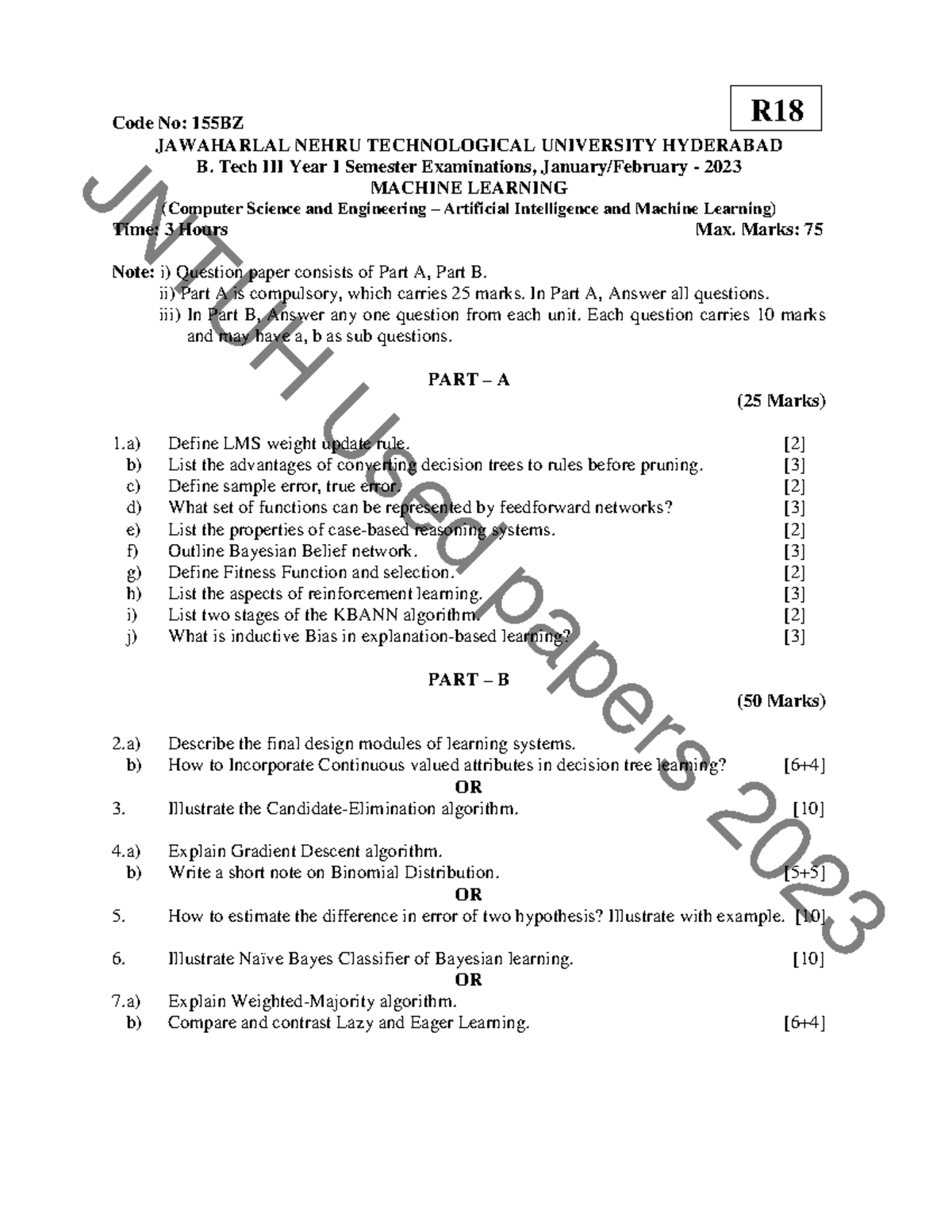 Machine Learning - R18 JNTUH B.Tech Exam QP January 2023 - Studocu