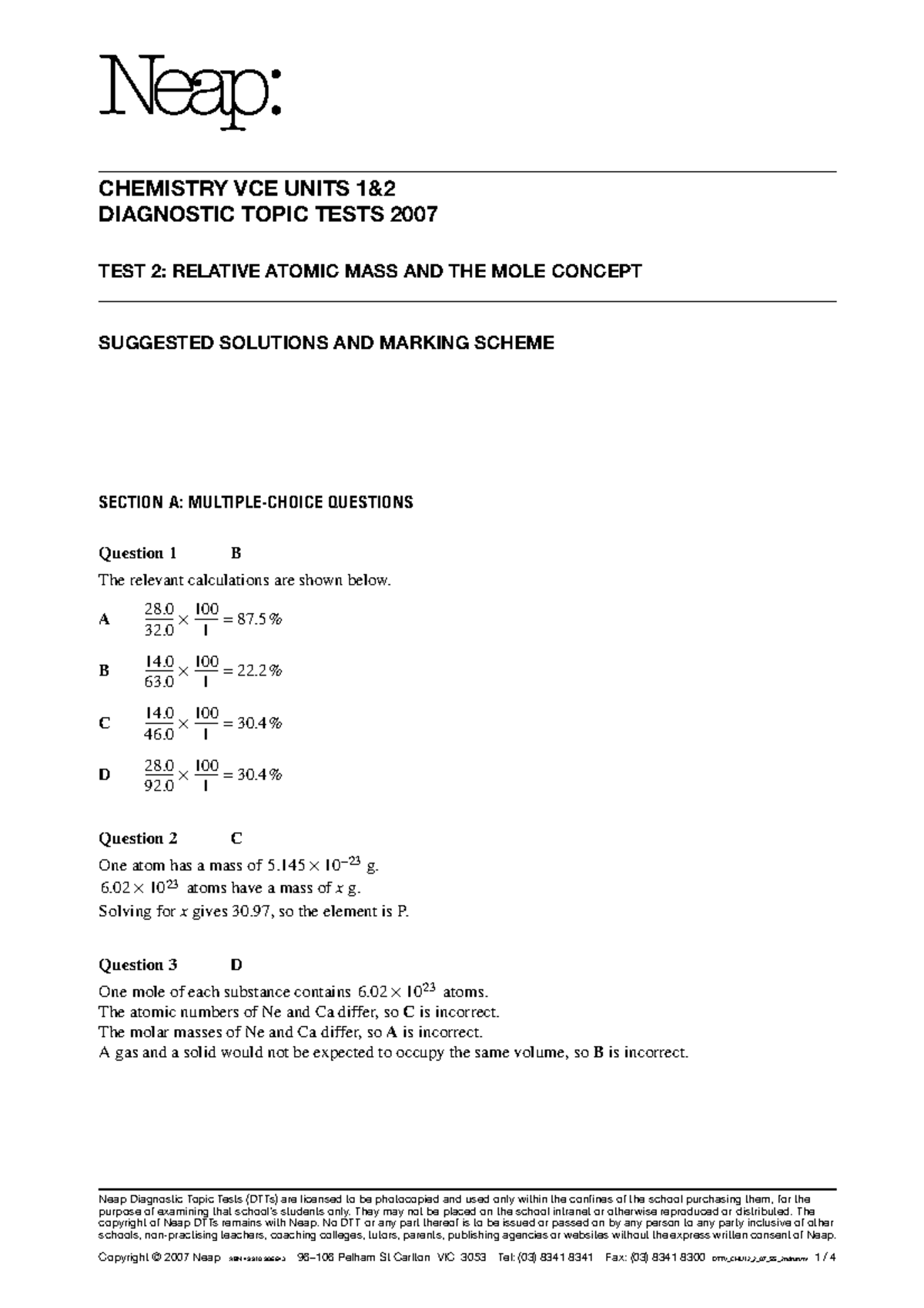CHEMISTRY VCE UNITS DTT 2: SOLUTIONS FOR RELATIVE ATOMIC MASS & MOLE ...