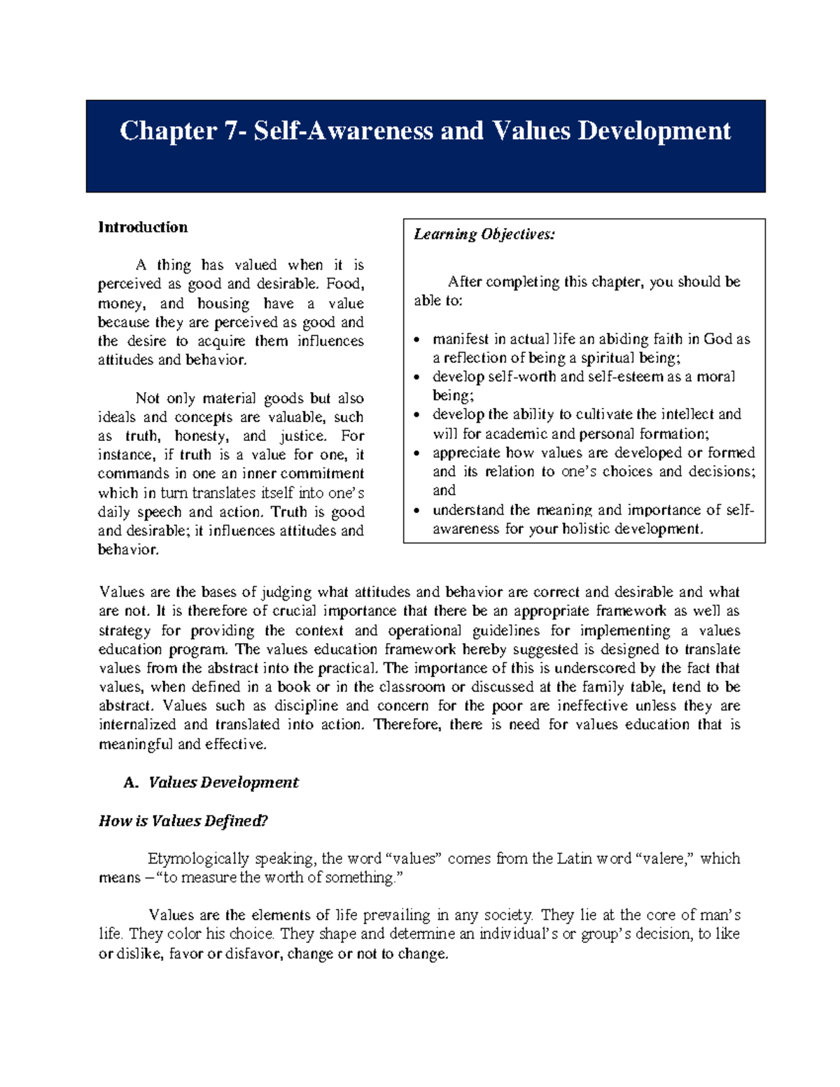 Chapter 7: Self-Awareness & Values Development Insights - Studocu