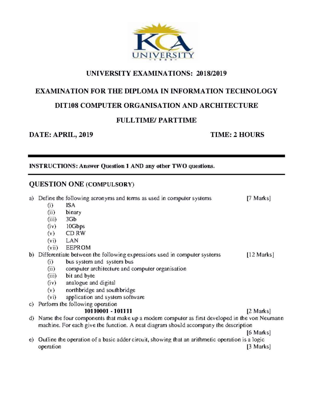 COA 1 - DIT108 Computer Organisation & Architecture Exam Notes - Studocu