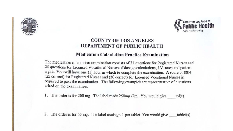 County of Los Angeles - Medication Calculation Practice Exam - Studocu