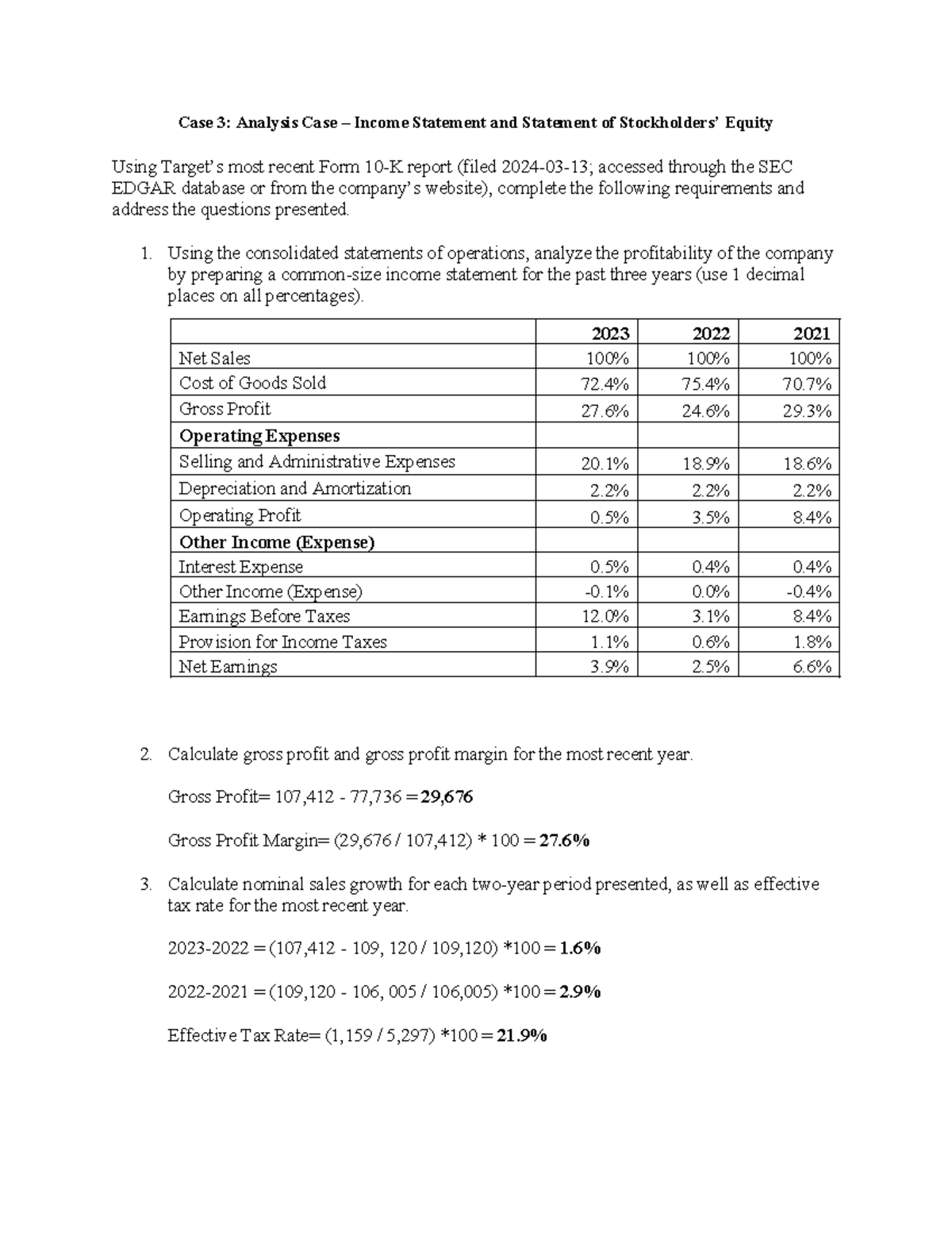 AC 352 Case 3 - homework - Case 3: Analysis Case – Income Statement and Statement of ...