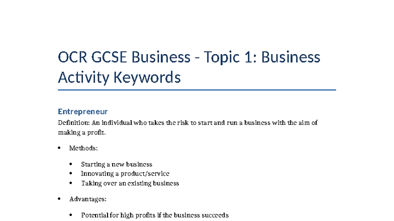 OCR GCSE Business Activity: Key Terms & Concepts Overview - Studocu