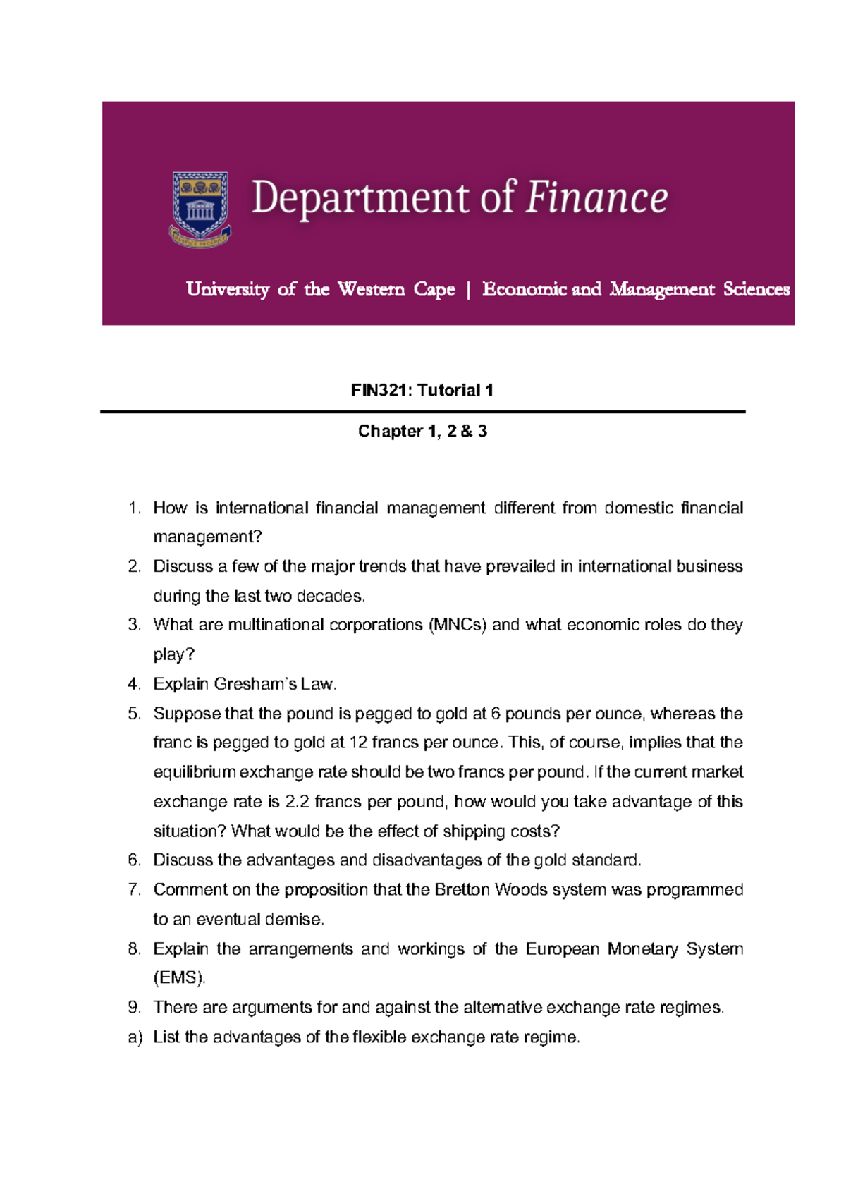 FIN321: International Financial Management - Tutorial 1 Notes - Studocu