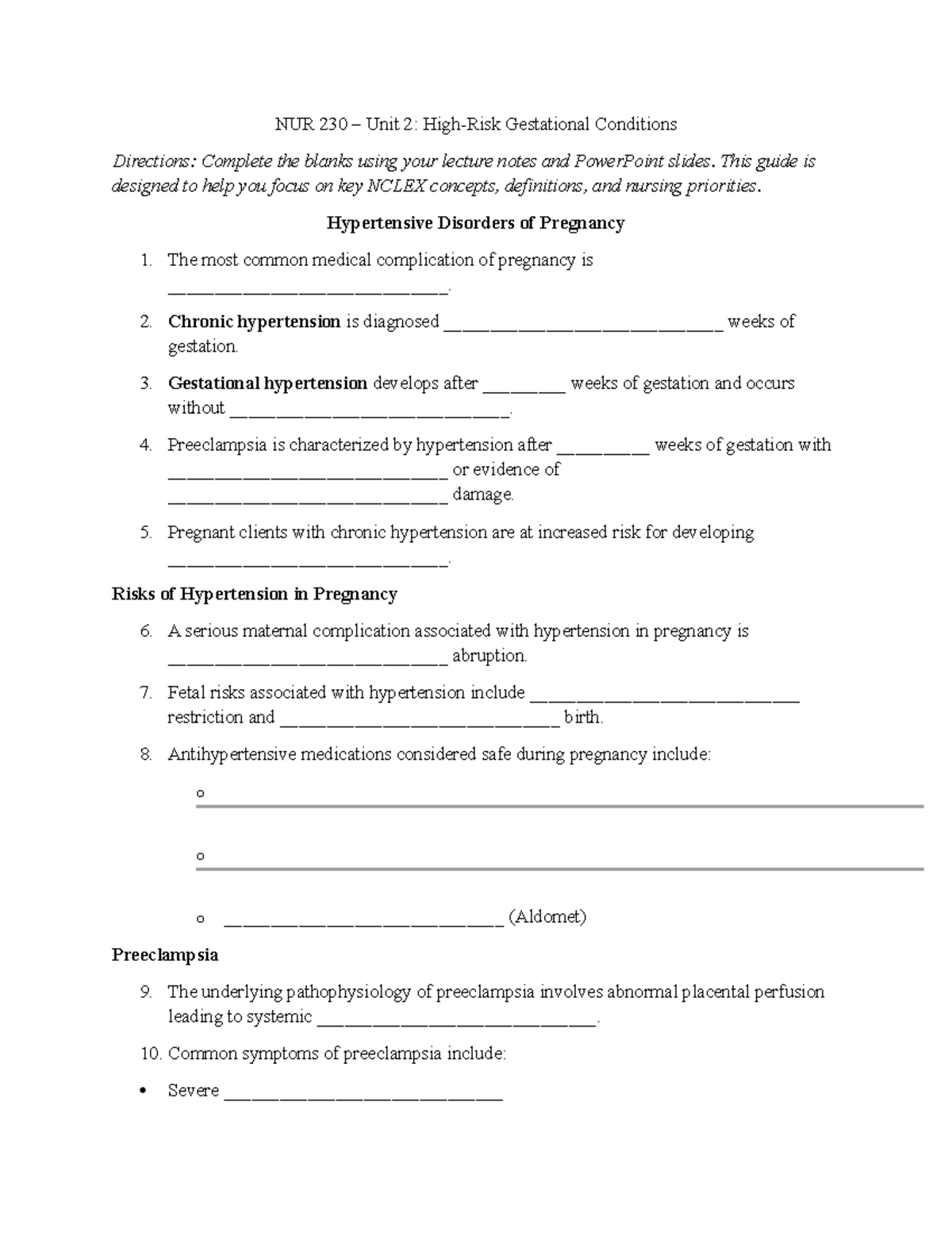 NUR 230 Unit 2: High-Risk Pregnancy Conditions Study Guide - Studocu