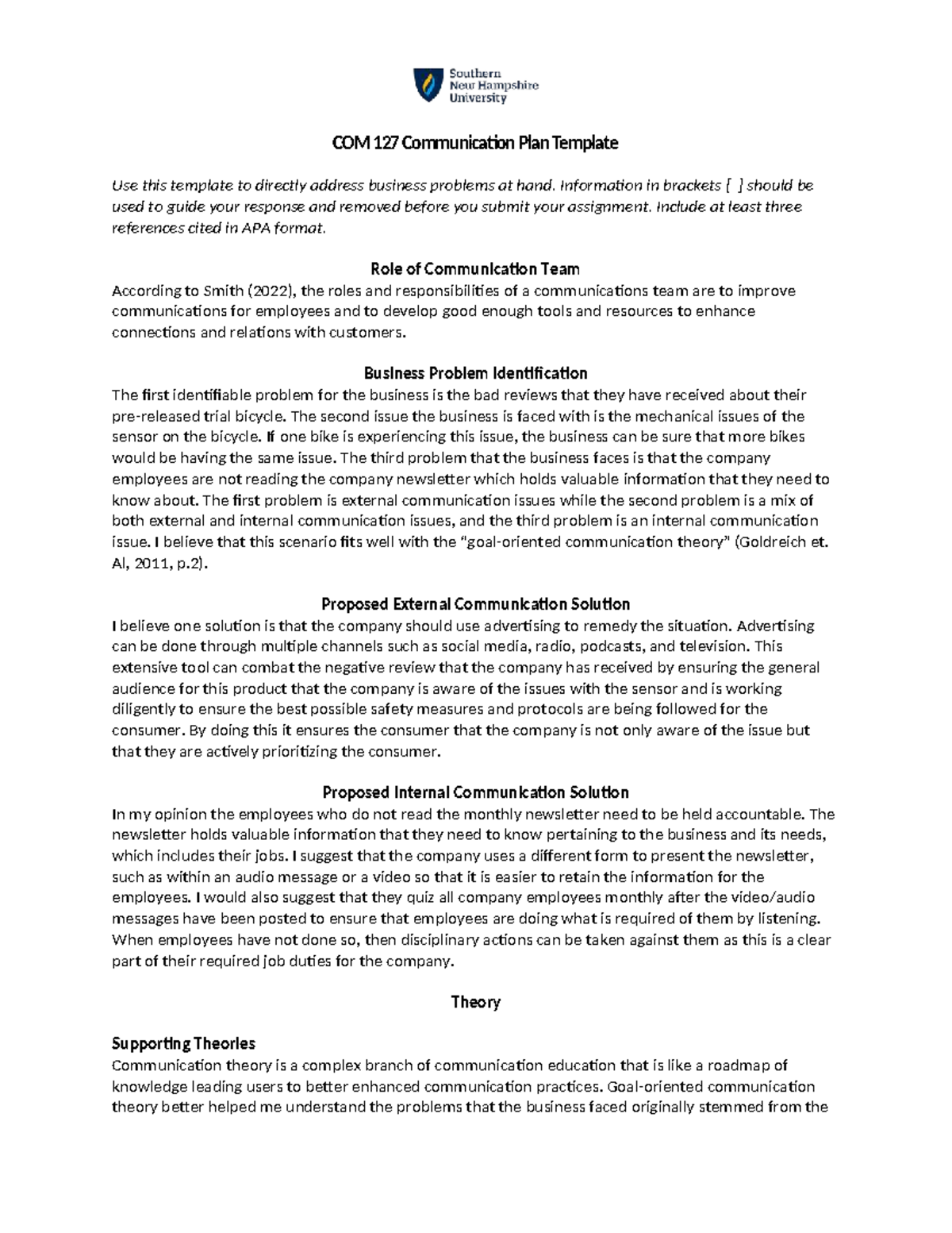 COM 127 Communication Plan Template - COM 127 Communication Plan ...