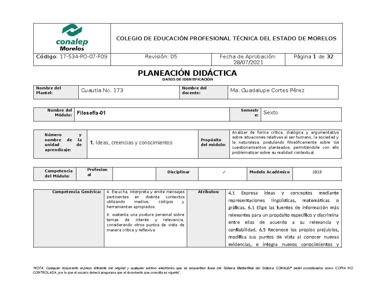 Planeación Didáctica: Filosofía 17-534-PO-07-F09 - Sesión 05 - Studocu