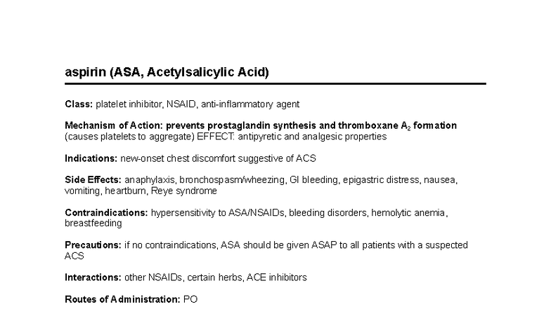 Aspirin (ASA) Drug Card: Mechanism, Effects, and Indications - Studocu