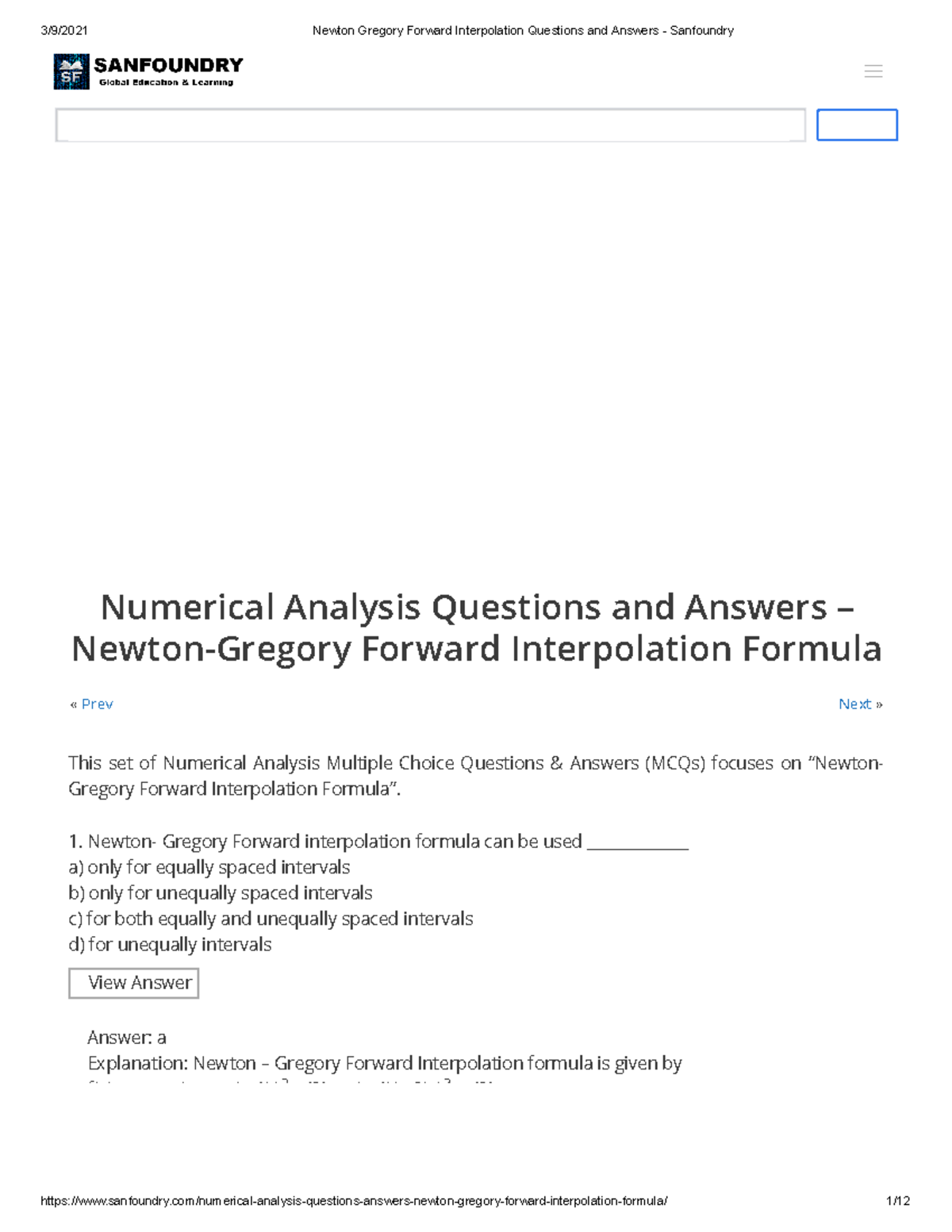 Newton Gregory Forward Interpolation Questions and Answers - Sanfoundry ...