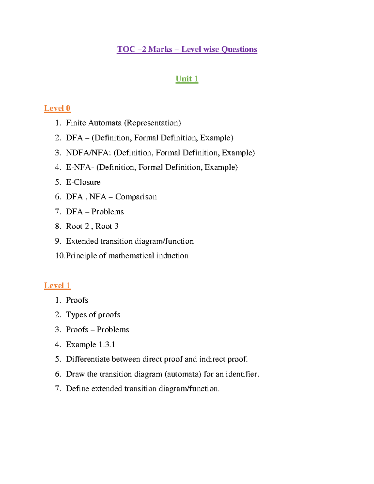 TOC - 2 Marks Levelwise Questions for Finite Automata & CFG - Studocu