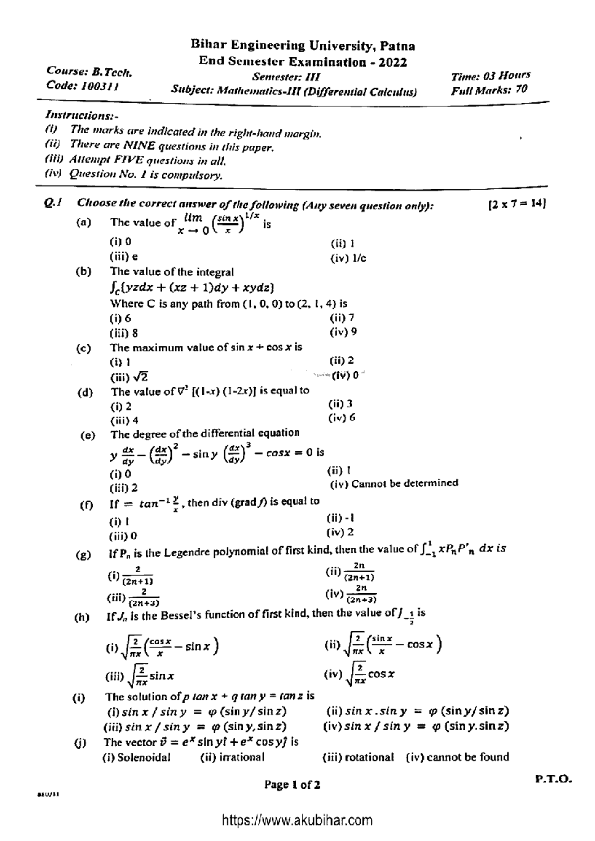 B.Tech 3rd Sem Differential Calculus Exam Paper Code 100311 2022 - Studocu