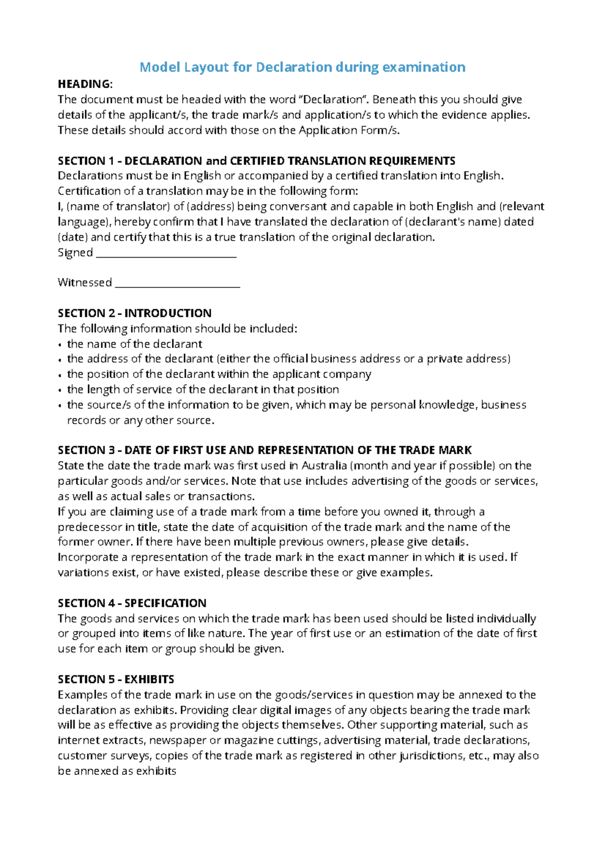 Model Statutory Declaration for exmination - Model Layout for Declaration during examination ...