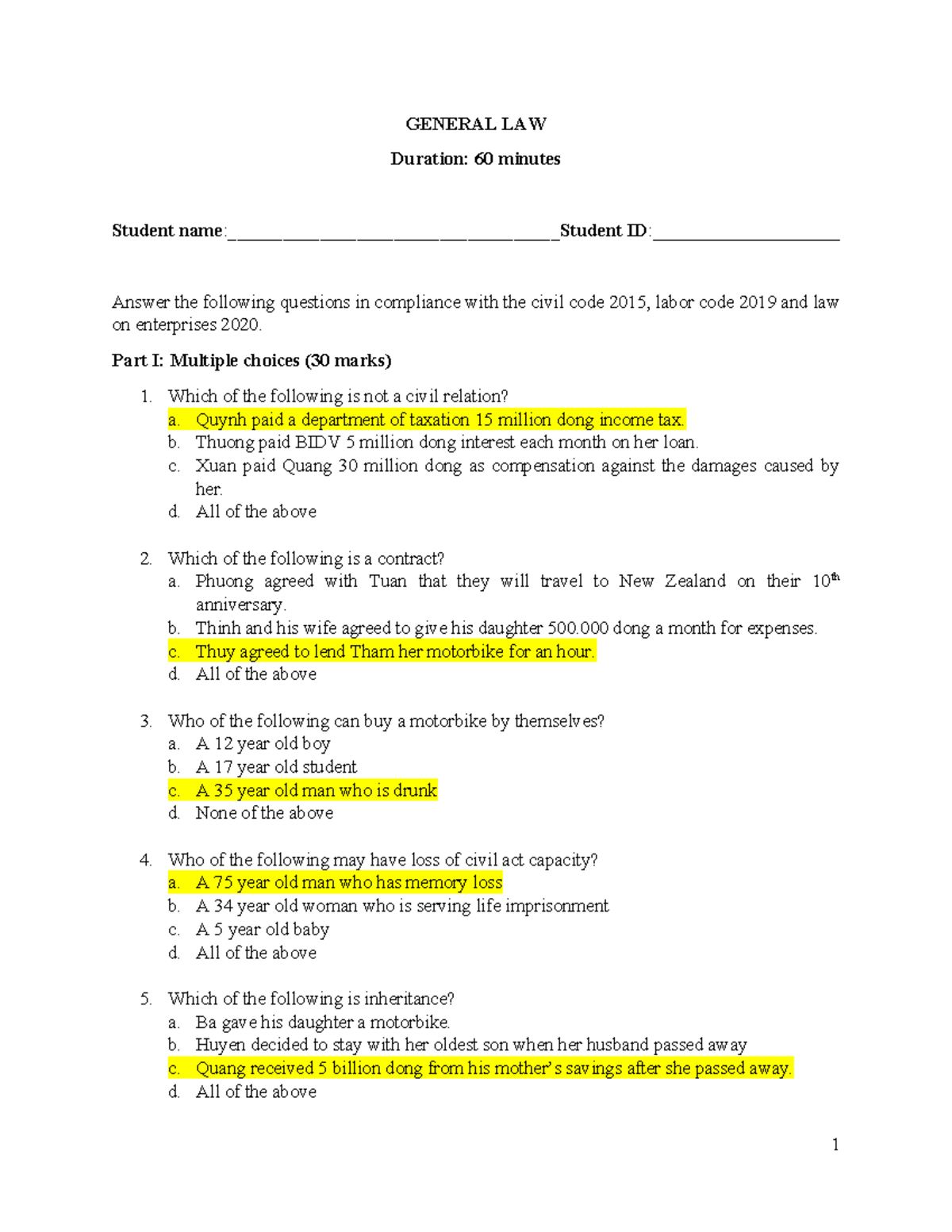 GENERAL LAW 2023: Final Exam Questions and Problem Solving - Studocu