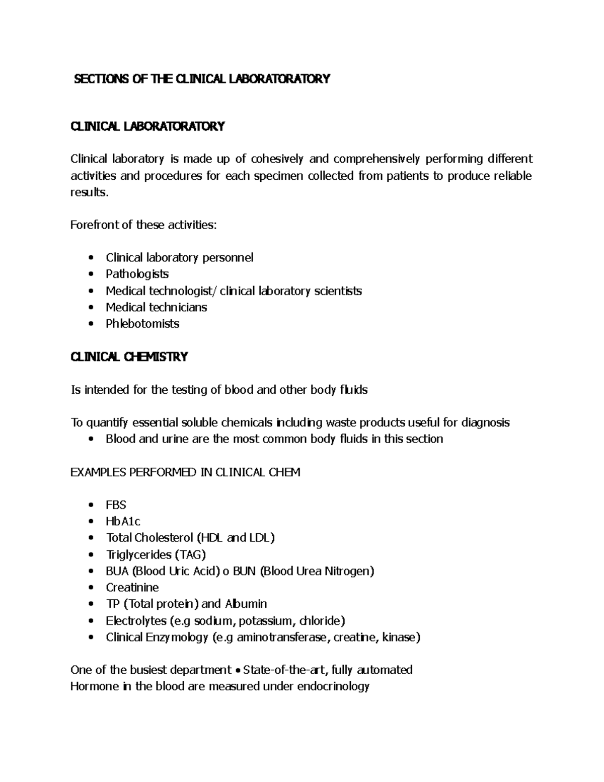 Sections OF THE Clinical Laboratoratory - SECTIONS OF THE CLINICAL ...