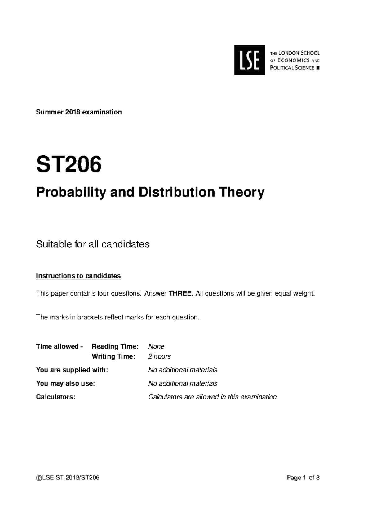 ST206 Summer 2018 Exam: Probability & Distribution Theory - Studocu