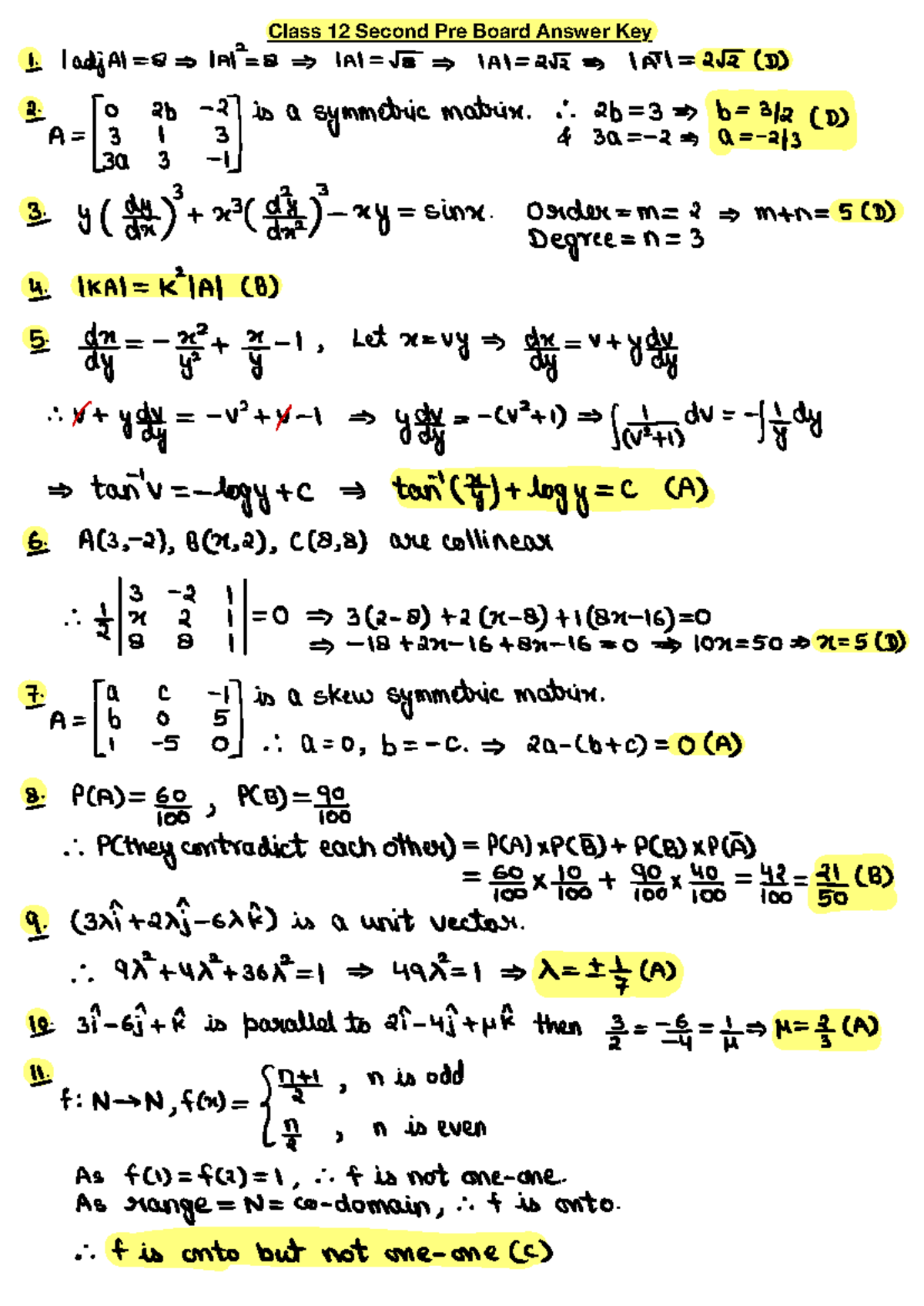 Class 12 Second Pre Board Answer Key (2023) - Studocu