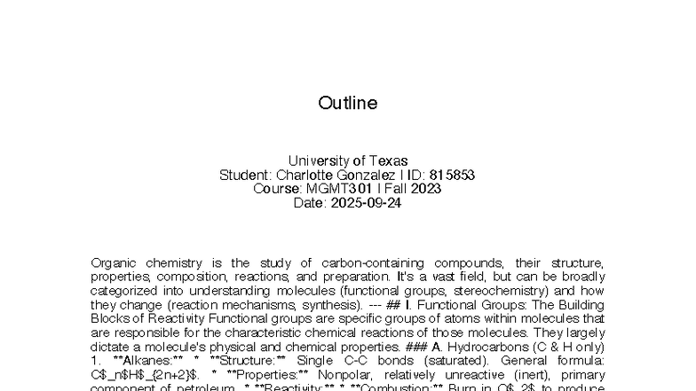 MGMT301 Fall 2023: Organic Chemistry Study Outline and Notes - Studocu