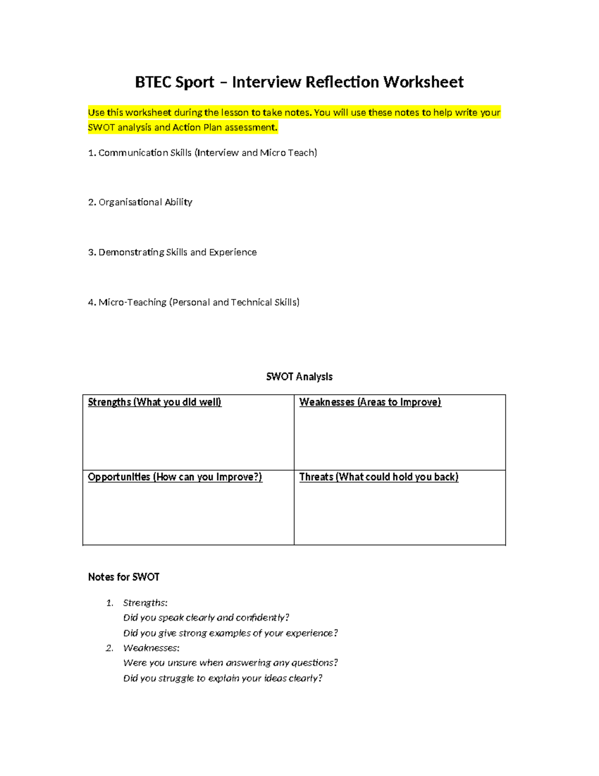 BTEC Sport Interview Reflection & SWOT Analysis Worksheet - Studocu