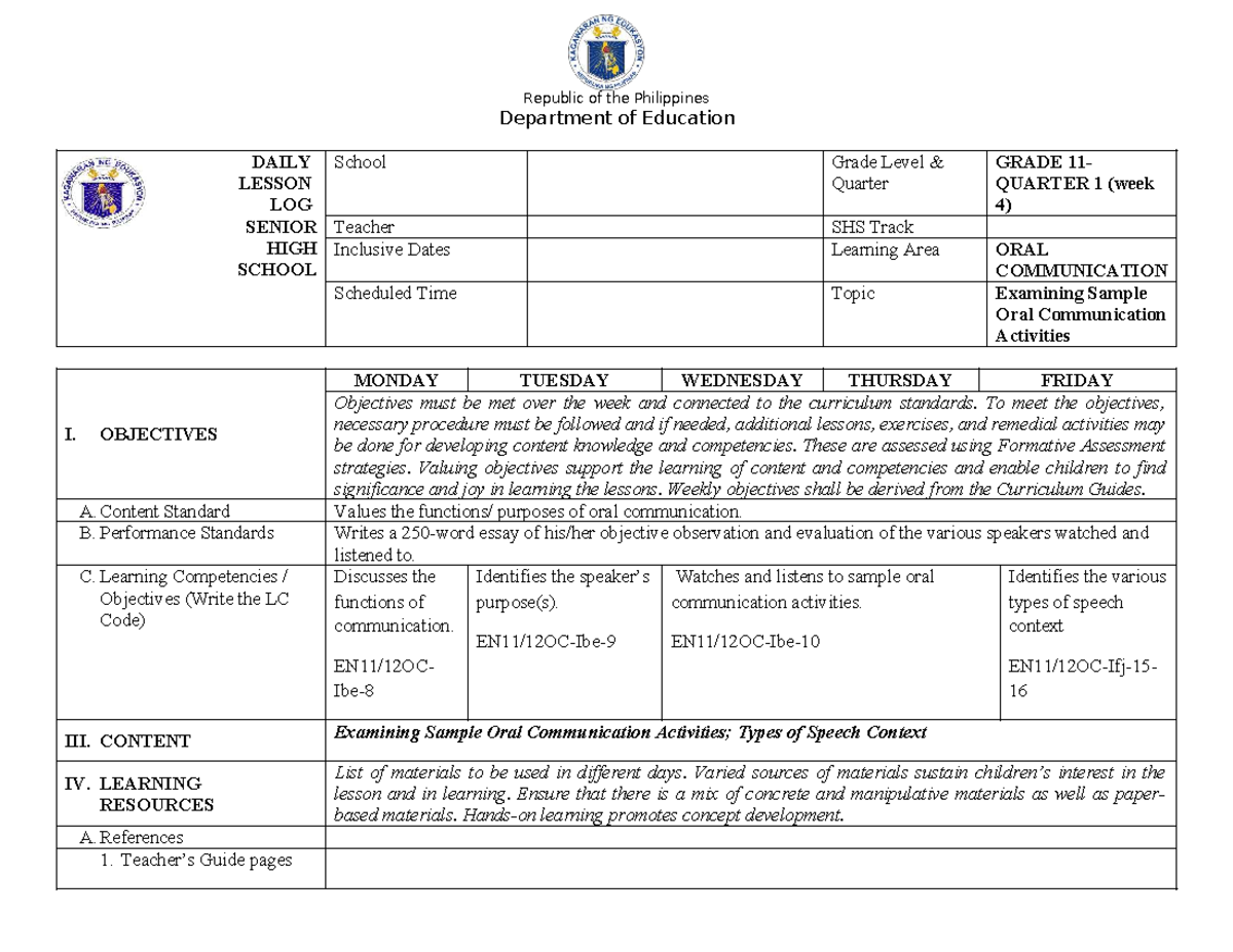 OC G11 Q1 W4 - Daily Lesson Log for Oral Communication - Studocu
