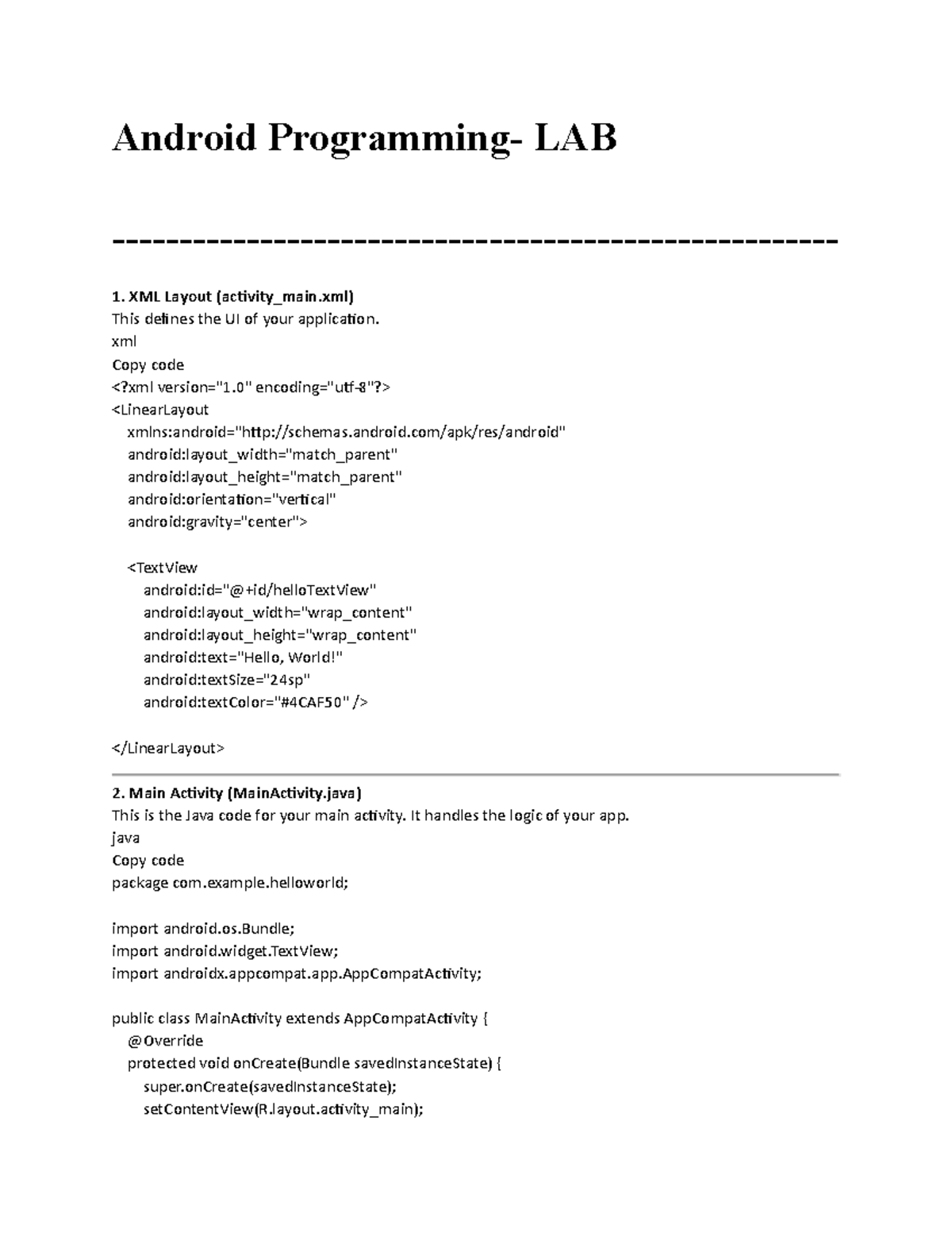 Android Programming LAB 1&2: XML Layout and MainActivity Overview - Studocu
