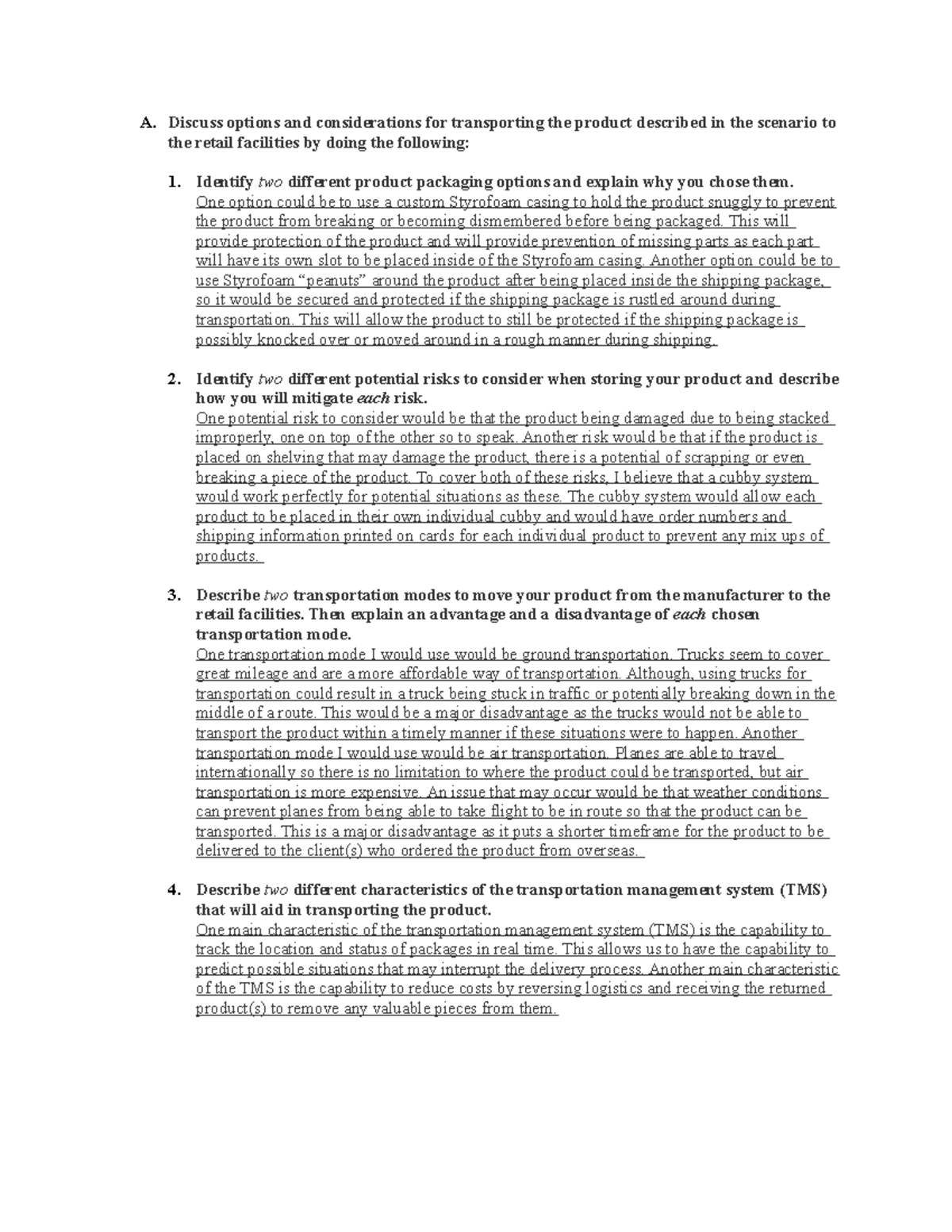D079 Business Environment Applications II Task 2: Product Transport ...