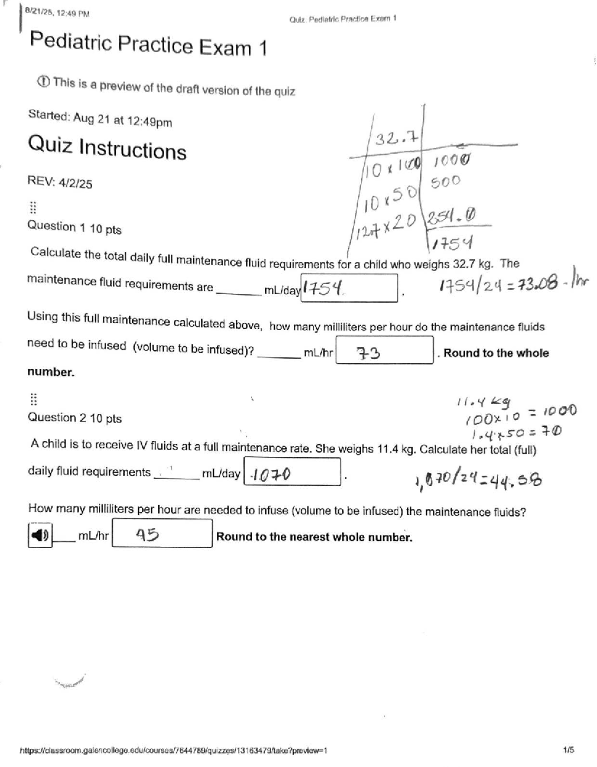 Pediatric Practice Exam 1 Quiz: Fluid Requirements & Medications - Studocu