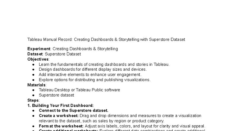 Tableau Lab Manual: Creating Dashboards with Superstore Dataset (DVRP LP8) - Studocu