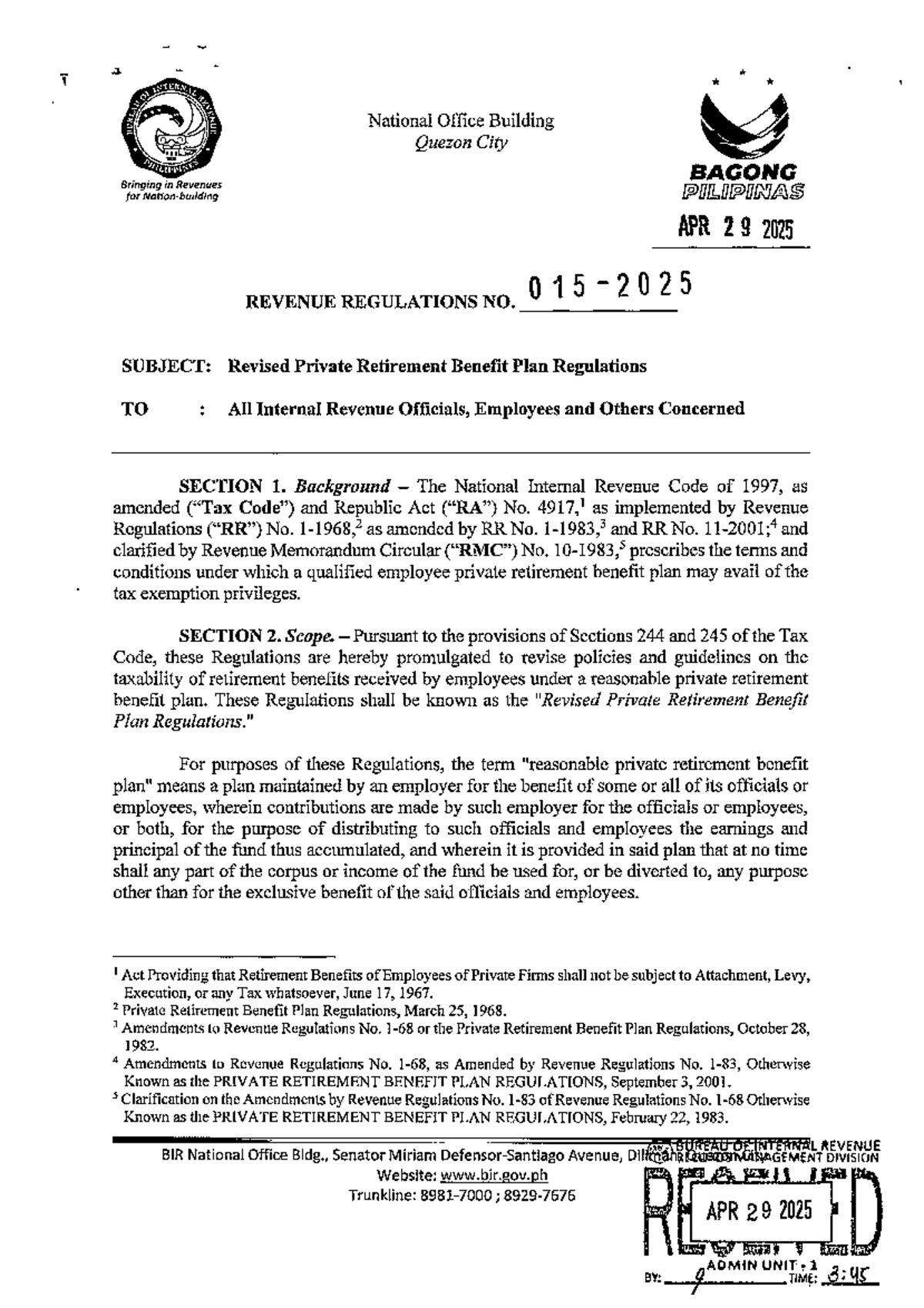 RR No. 15-2025: Revised Private Retirement Benefit Plan Regulations ...
