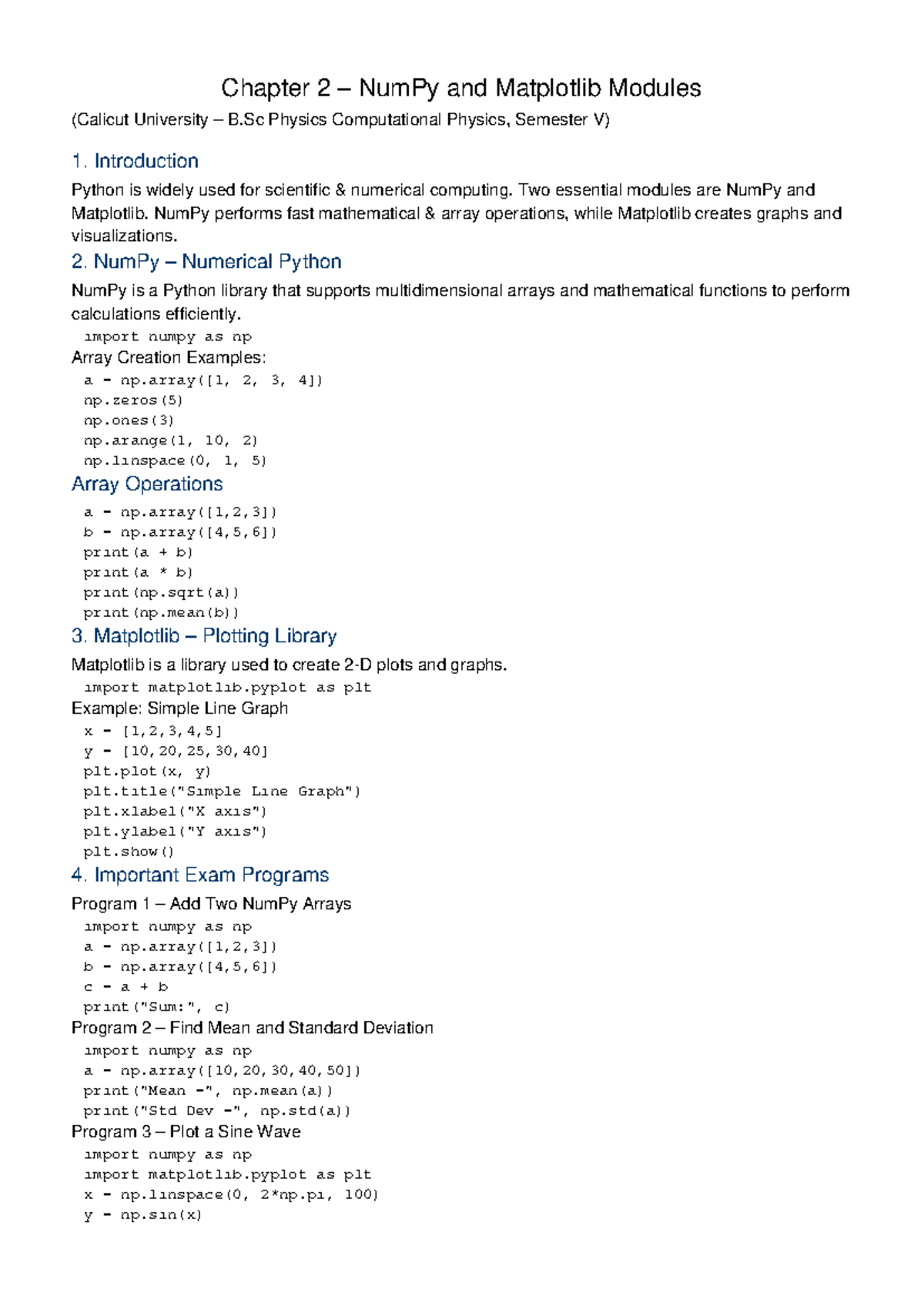 Chapter 2 NumPy & Matplotlib Final Notes (B.Sc Physics, Sem V) - Studocu