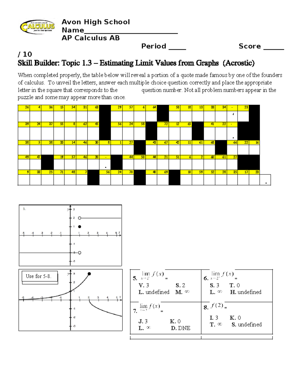AP Calculus AB Unit 1 Topic 1.3 Acrostic Skill Builder Puzzle - Studocu