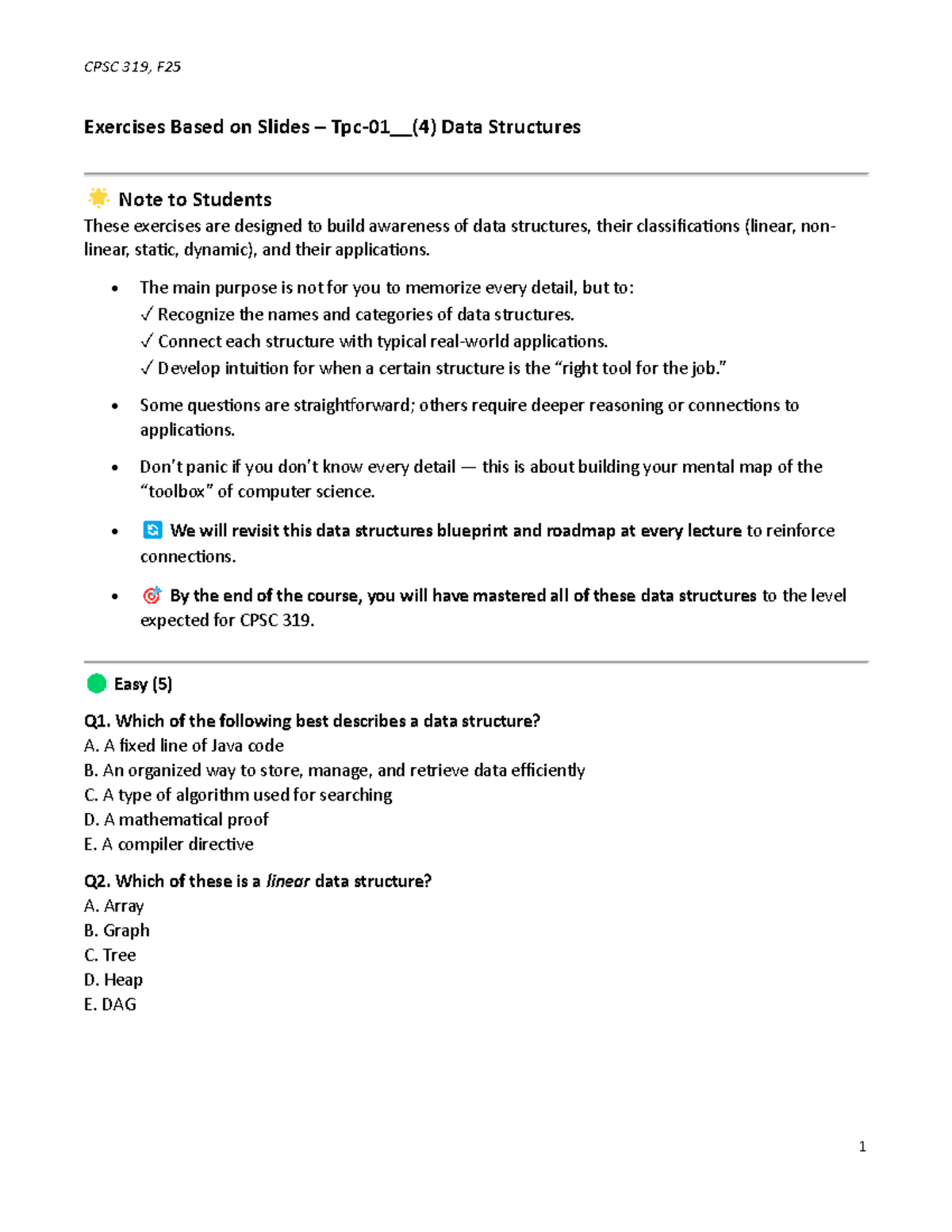 CPSC 319, F25 Data Structures Exercises and Solutions - Studocu