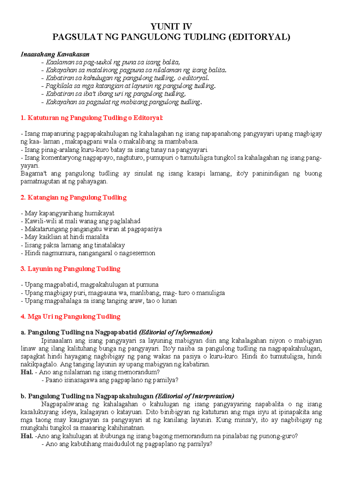FIL. 109 - Yunit IV: Pagsulat ng Pangulong Tudling (Editoryal ...
