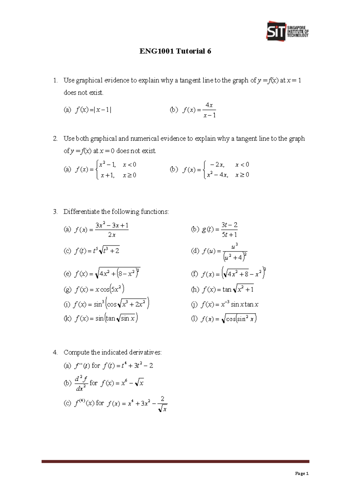 ENG1001 Tutorial 6: Tangent Lines and Derivatives Analysis - Studocu
