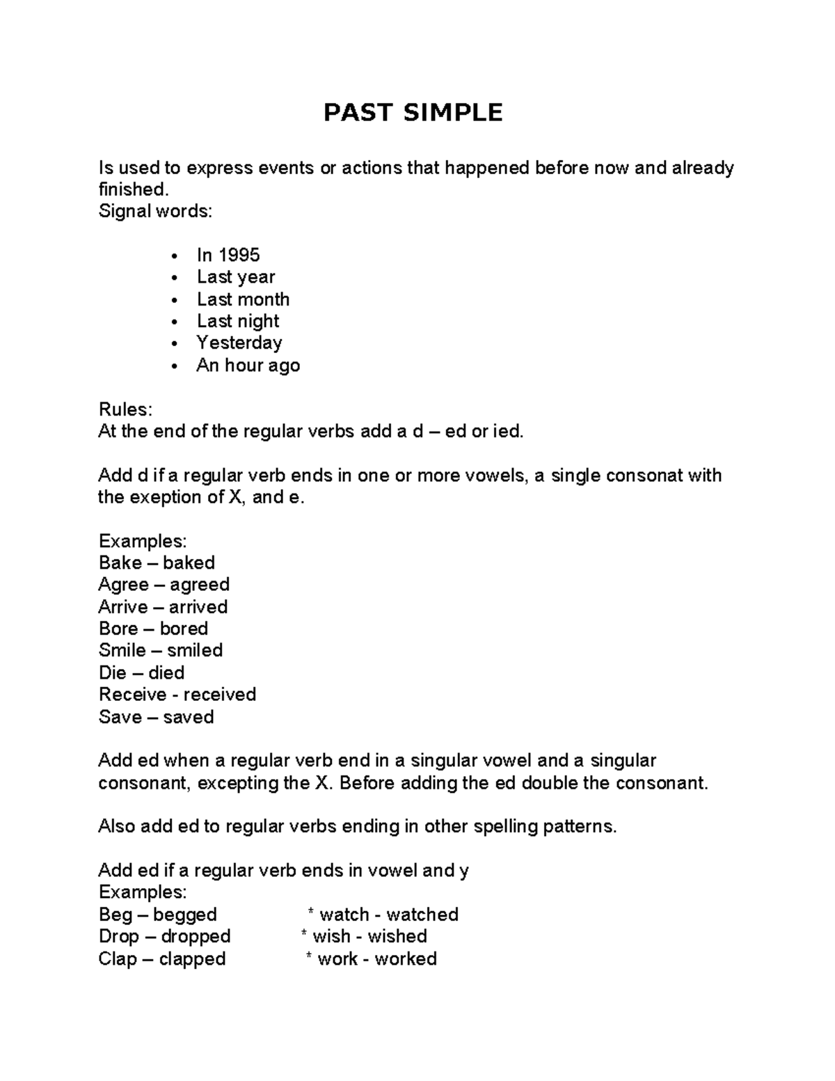 Past Simple Tense Rules and Examples - Inglés - Studocu