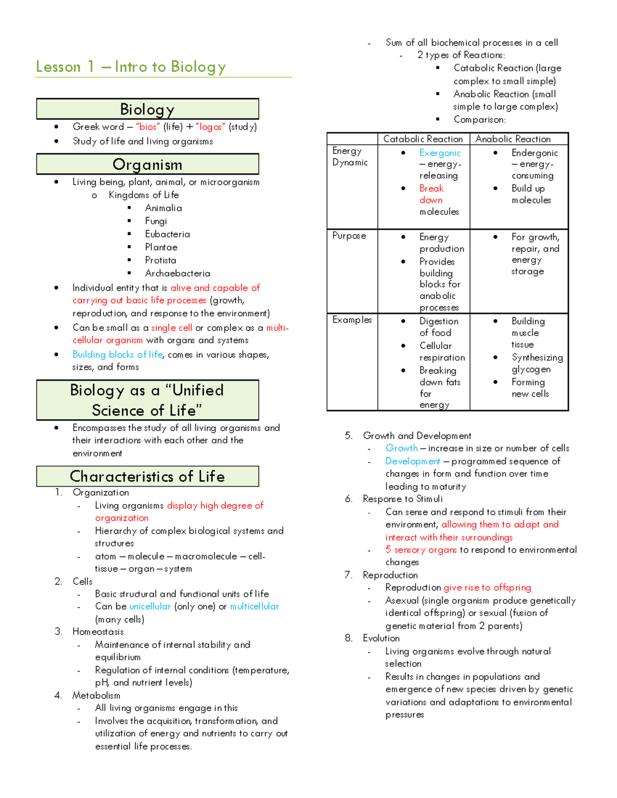 BIO 101: Lesson 1 - Introduction to Biology and Life Processes - Studocu