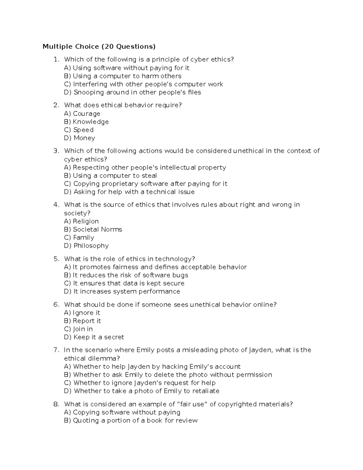 IT Era - Cyber Ethics Multiple Choice & Essay Questions - Studocu