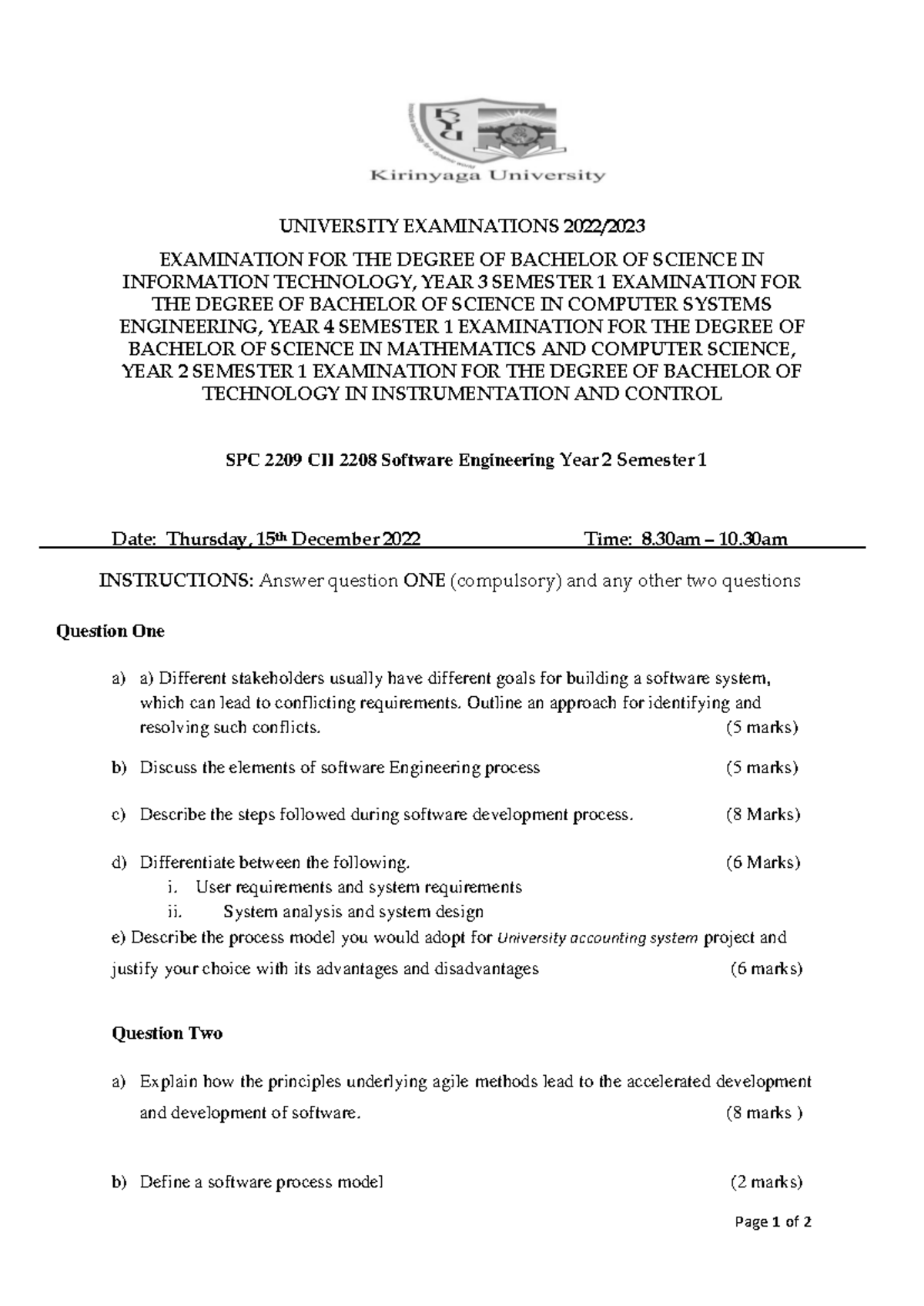 SPC 2209 CII 2208 Software Engineering Exam Paper - Year 2 Sem 1 - Studocu