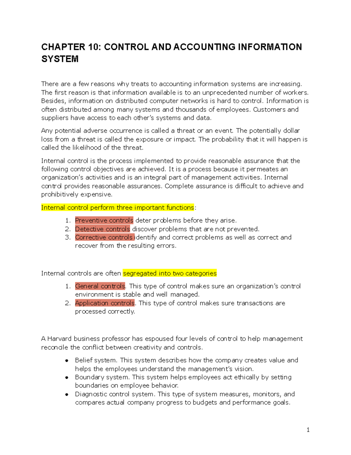 Notes AIS615 - CHAPTER 10: CONTROL AND ACCOUNTING INFORMATION SYSTEM ...