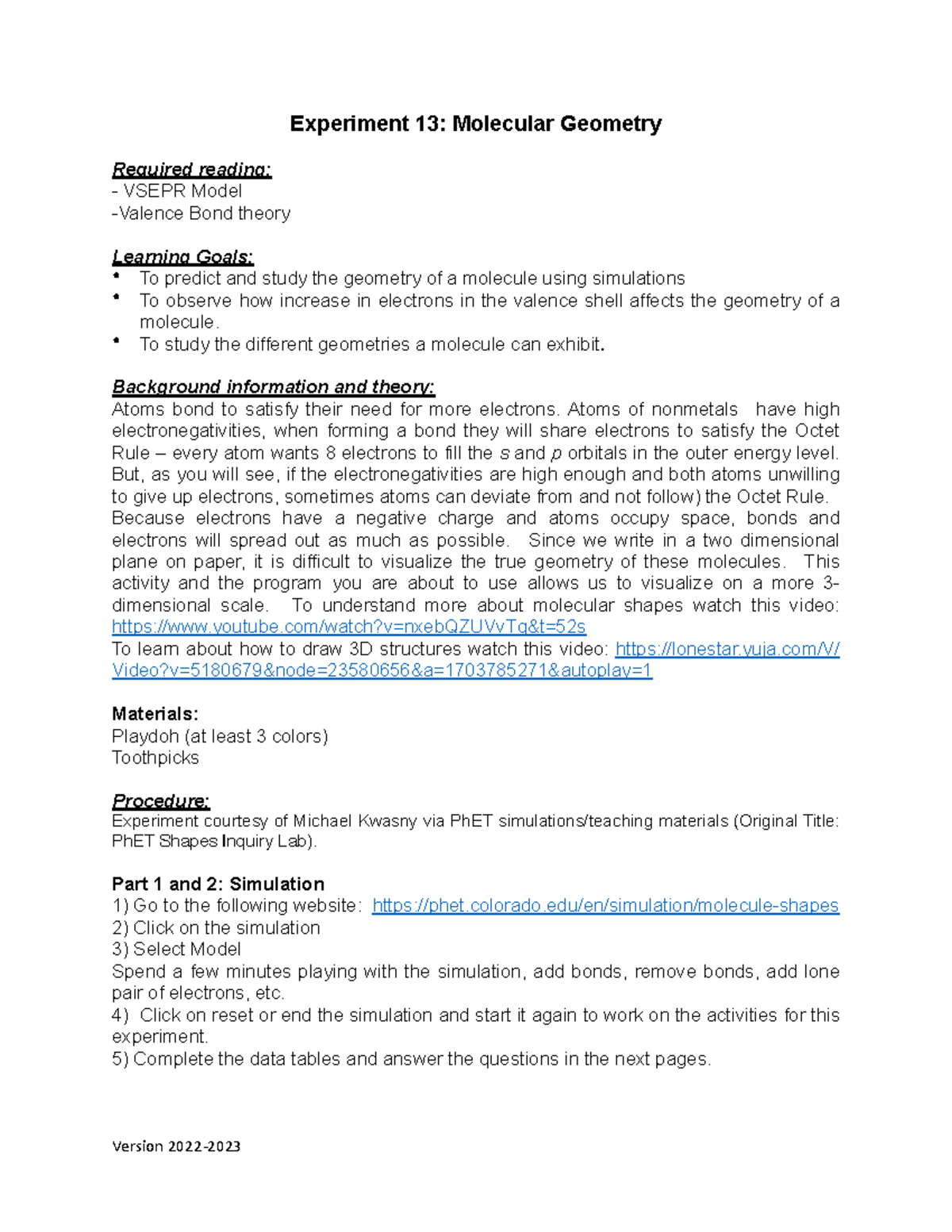 TA Experiment 13 - Molecular Geometry Analysis & Simulation 2022-2023 ...