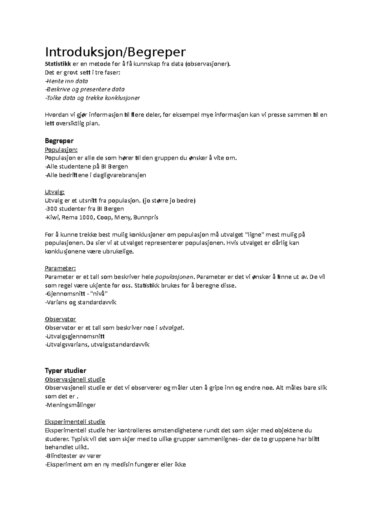 Introduksjon til Statistikk: Begreper og Metoder 101 - Studocu