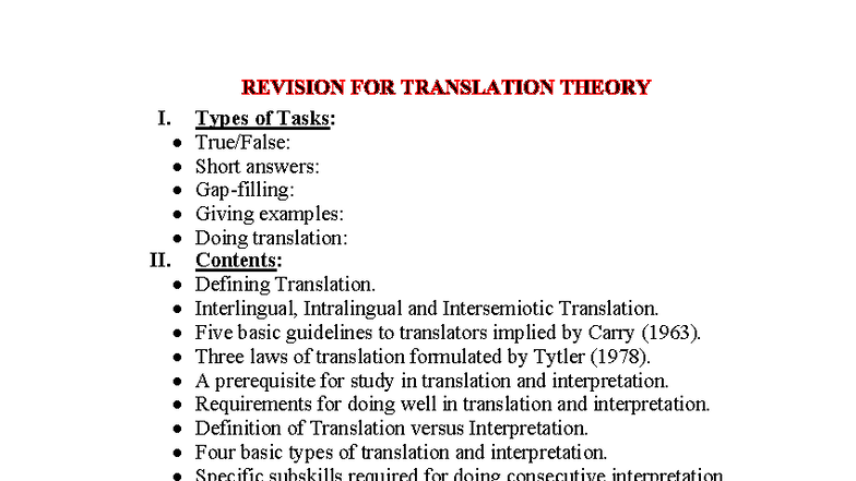 Final Revision for Translation Theory (TRN 101) - Studocu